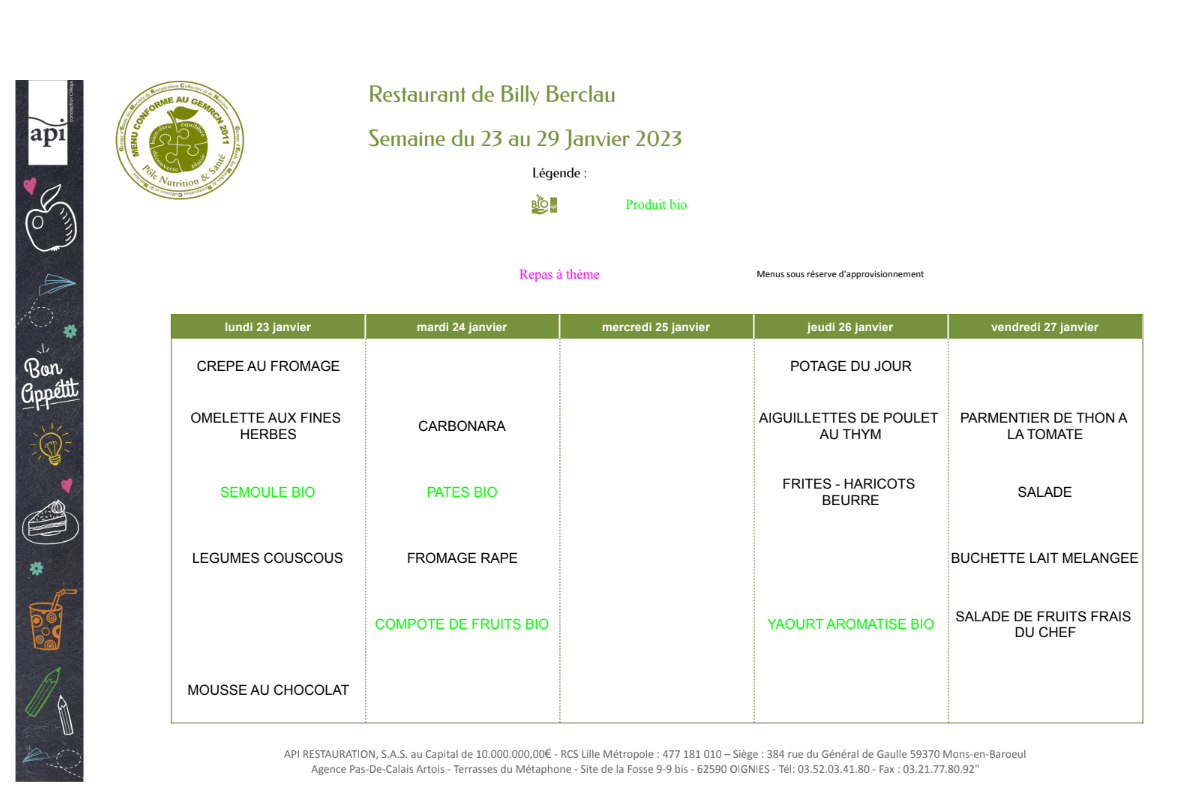 RESTAURATION SCOLAIRE - Ville de Billy Berclau